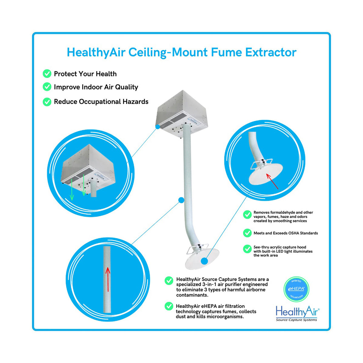 HealthyAir Ceiling-Mount Fume Extractor | eHEPA Air Filtration